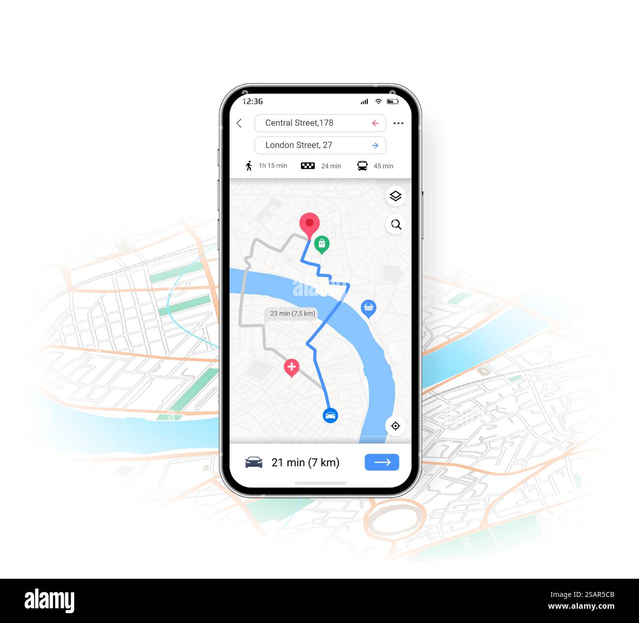 Phone map UI. Mobile application with transport location and route direction. Realistic ...