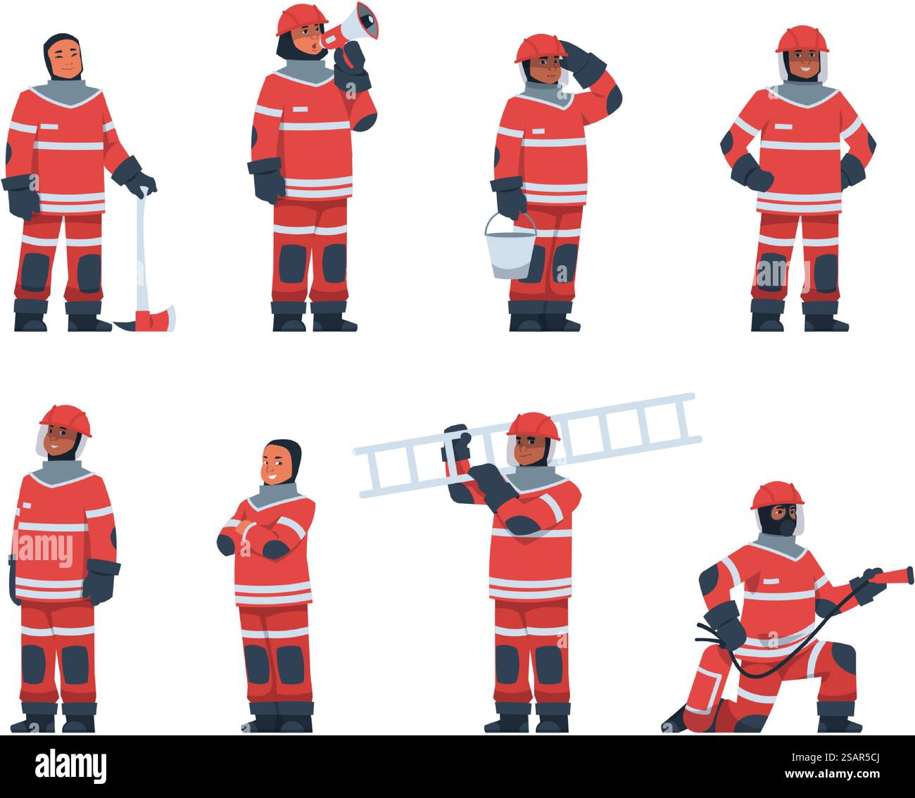 Firefighter. Cartoon fireman characters wear professional rescue red ...