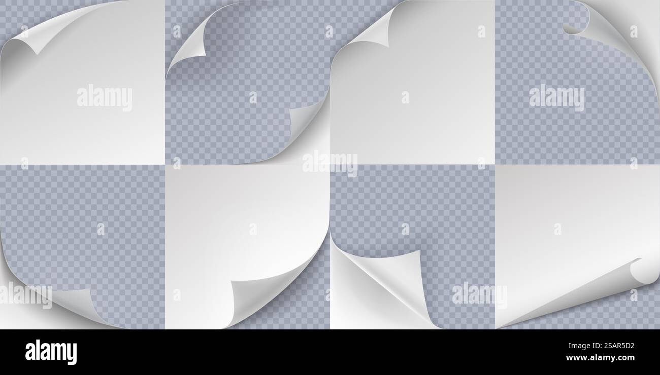Curled page. Realistic folded paper corners, 3D curve sticker edge ...