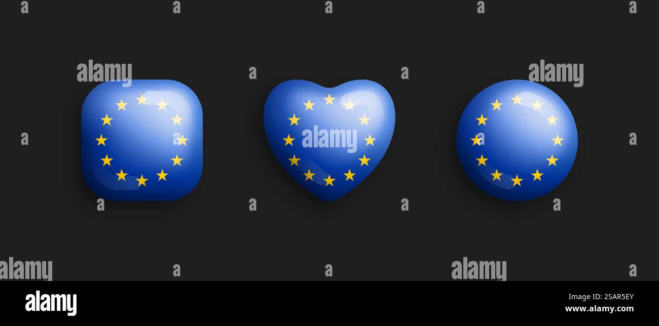 European Union Official Flag 3D Vector Glossy Icons In Rounded Square ...