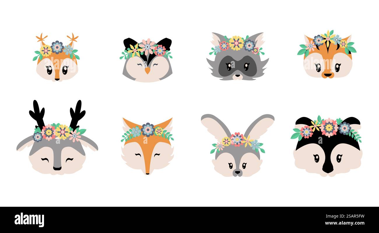 Woodland animals. Cartoon forest characters in flower wreaths. Isolated ...