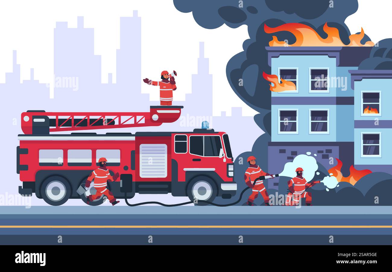 Fire building. Firemen extinguish burning house. Emergency workers put ...