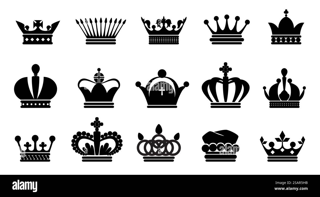 Crown black icons. Royal princess or prince symbol silhouette, king and ...