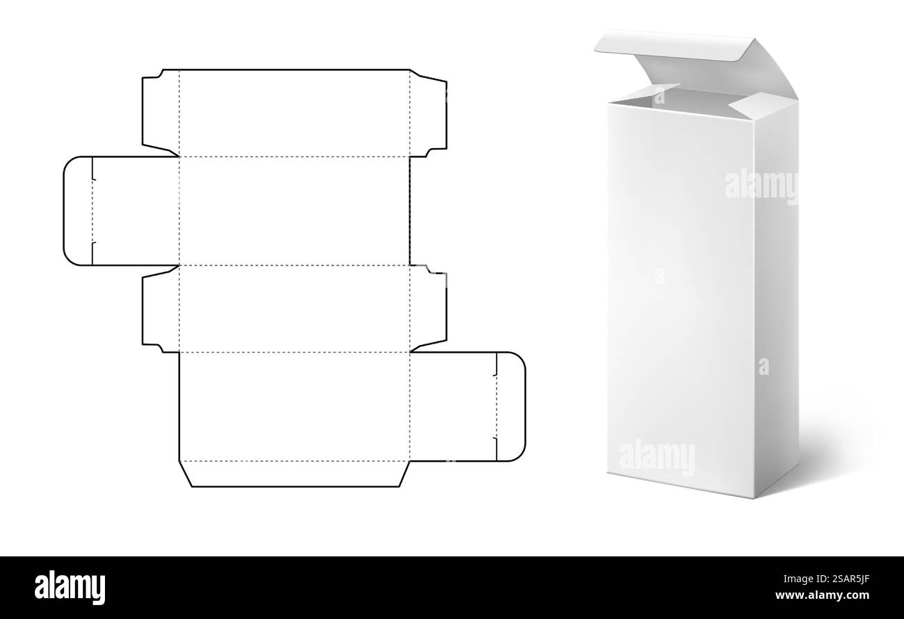 Box die cut. Realistic carton package blueprint layout. Tall rectangular food and medical pack ...