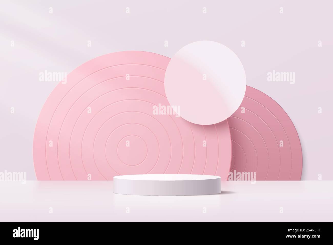 White cylinder pedestal podium. Geometric platform. Abstract pink ...