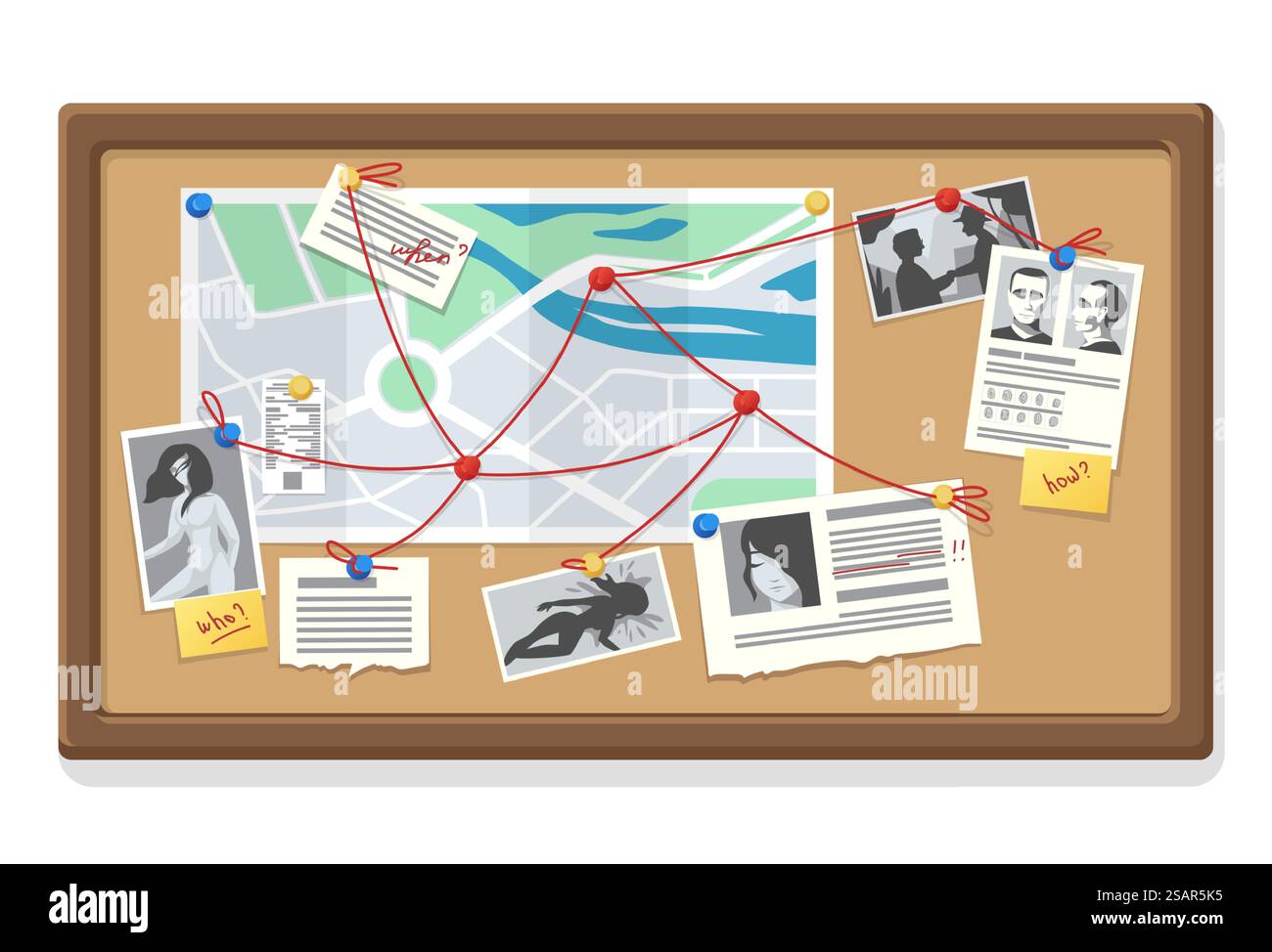 Detective board. Cartoon police evidence collection with map notes and ...