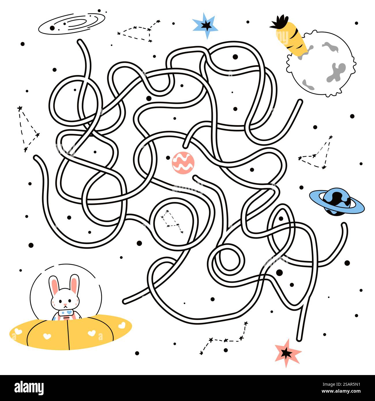Maze game. Doodle tangled path of cute rabbit flying in space to alien ...