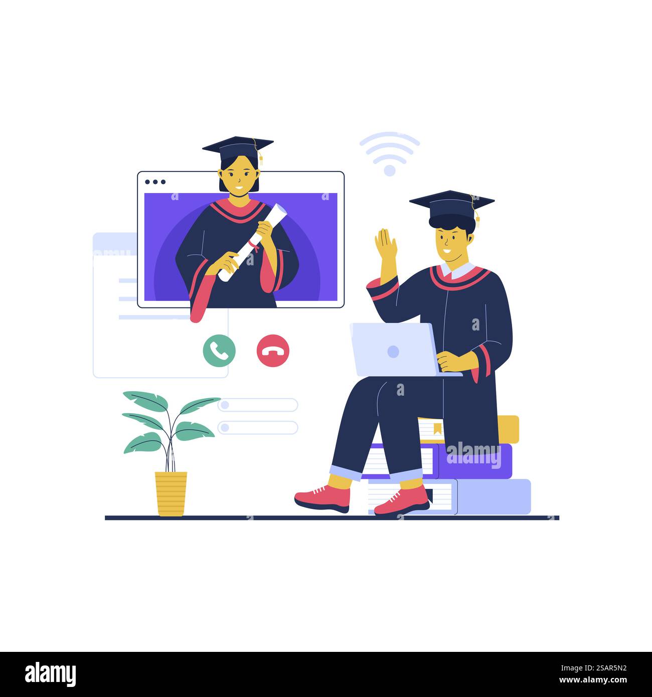 Vector of online virtual graduation illustration. Flat vector ...