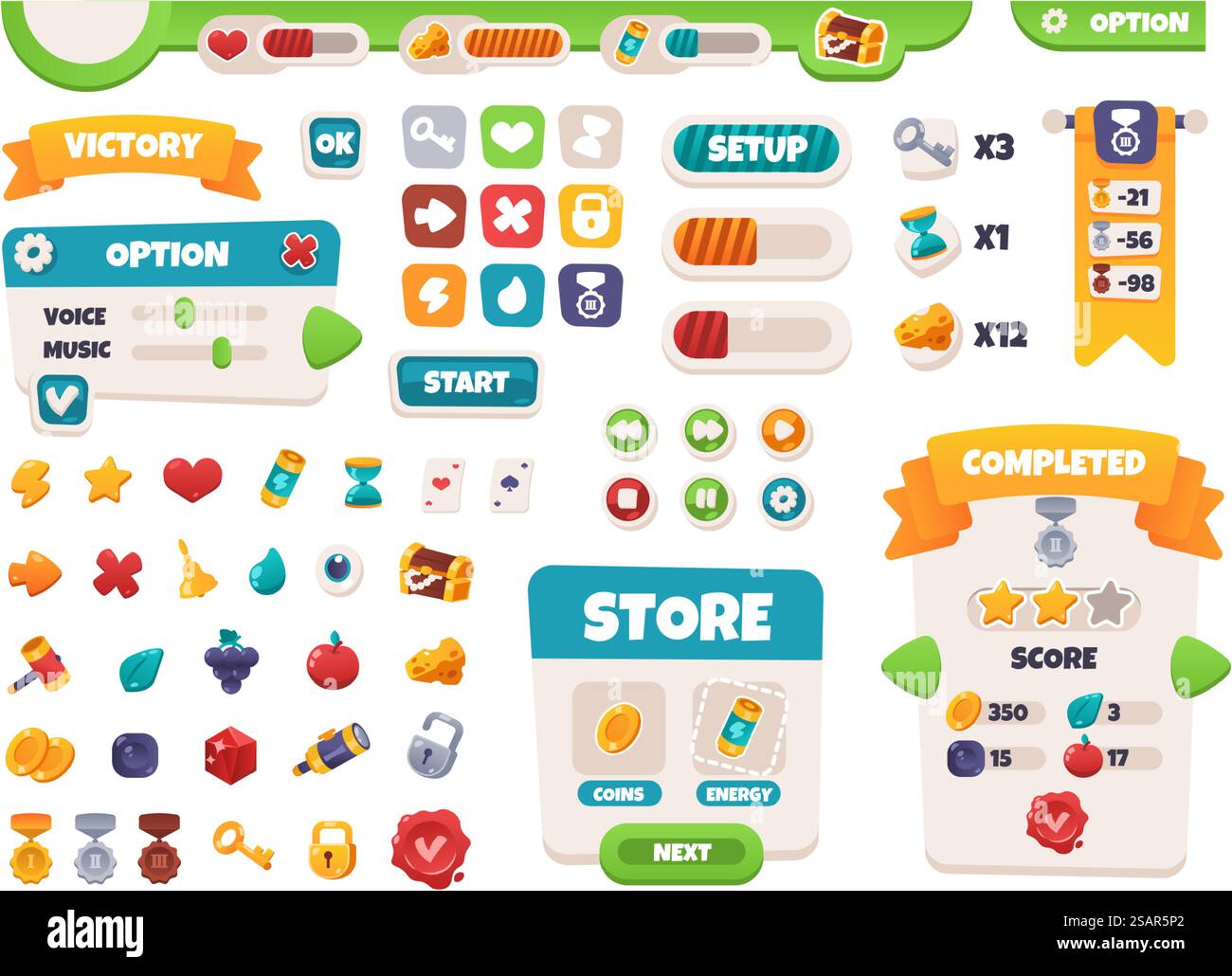 Game UI buttons. Mobile application interface elements. Cartoon ...