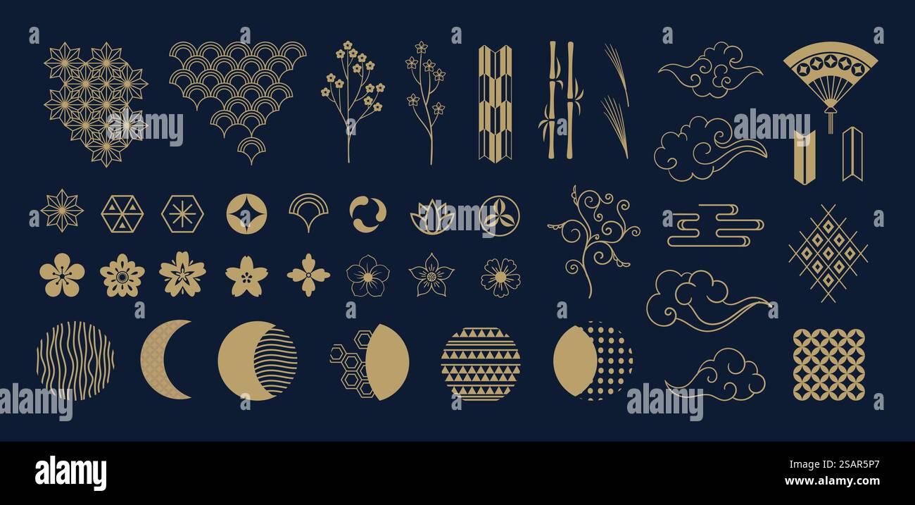 Asian clipart. Golden decorative Japanese collection of minimal plant ...