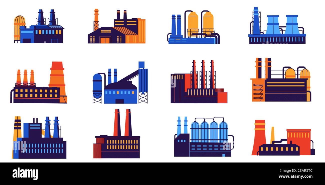 Factory building. Cartoon plants. Chemical and organic manufacturing ...