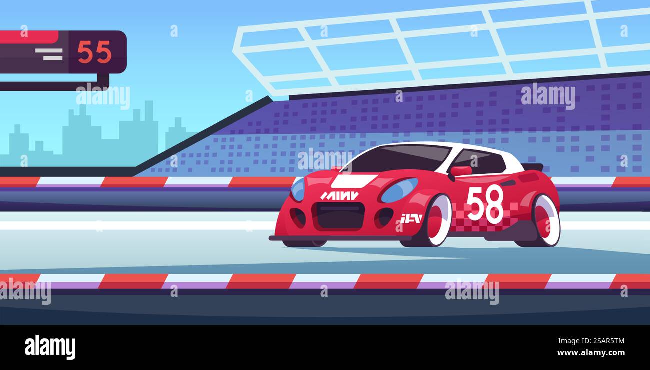 Car race. Cartoon sport competition with fast red automobile on start ...