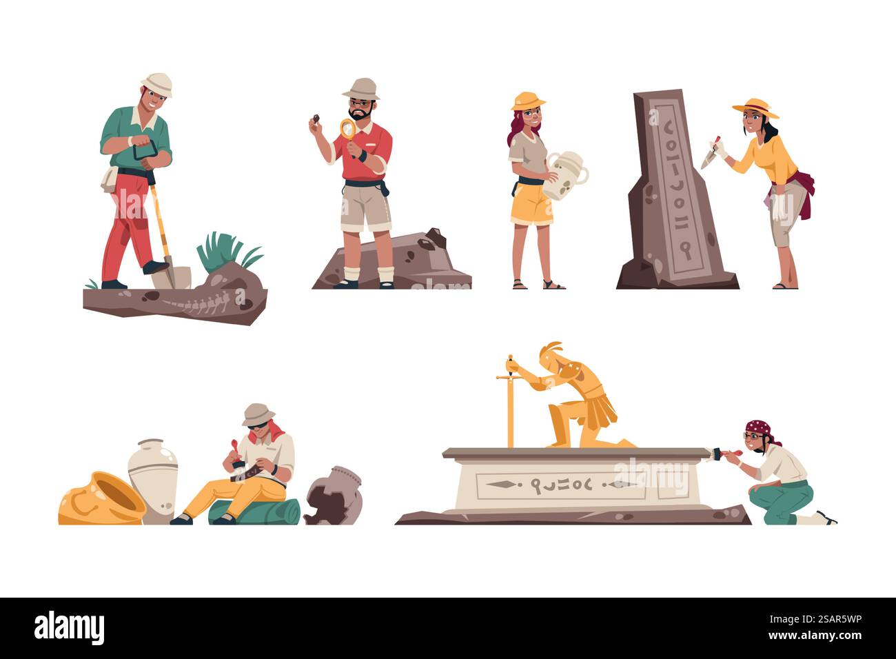 Cartoon archeology. Paleontologist characters with archeological tools ...