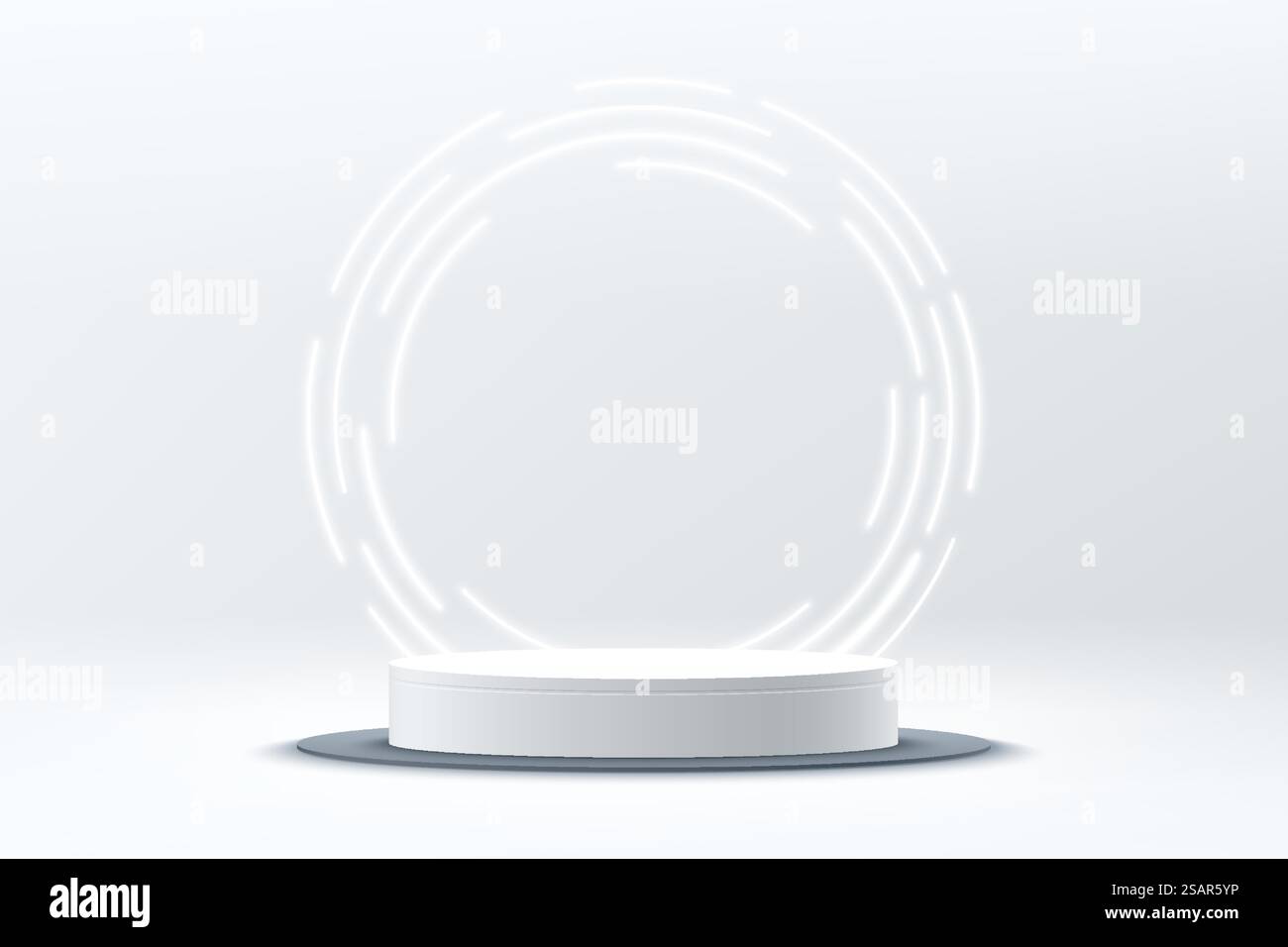 Abstract shine silver cylinder pedestal podium. Sci-fi white empty room ...