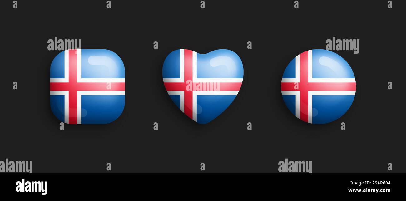 Iceland Official National Flag 3D Vector Glossy Icons In Rounded Square ...