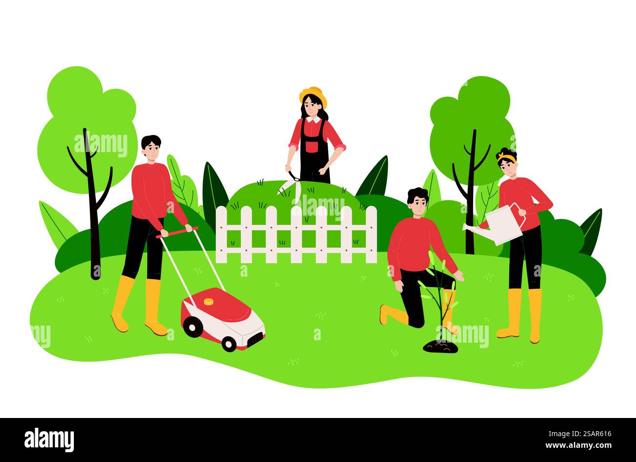 Work in garden. Cartoon people take care of yard. Cute couple planting ...