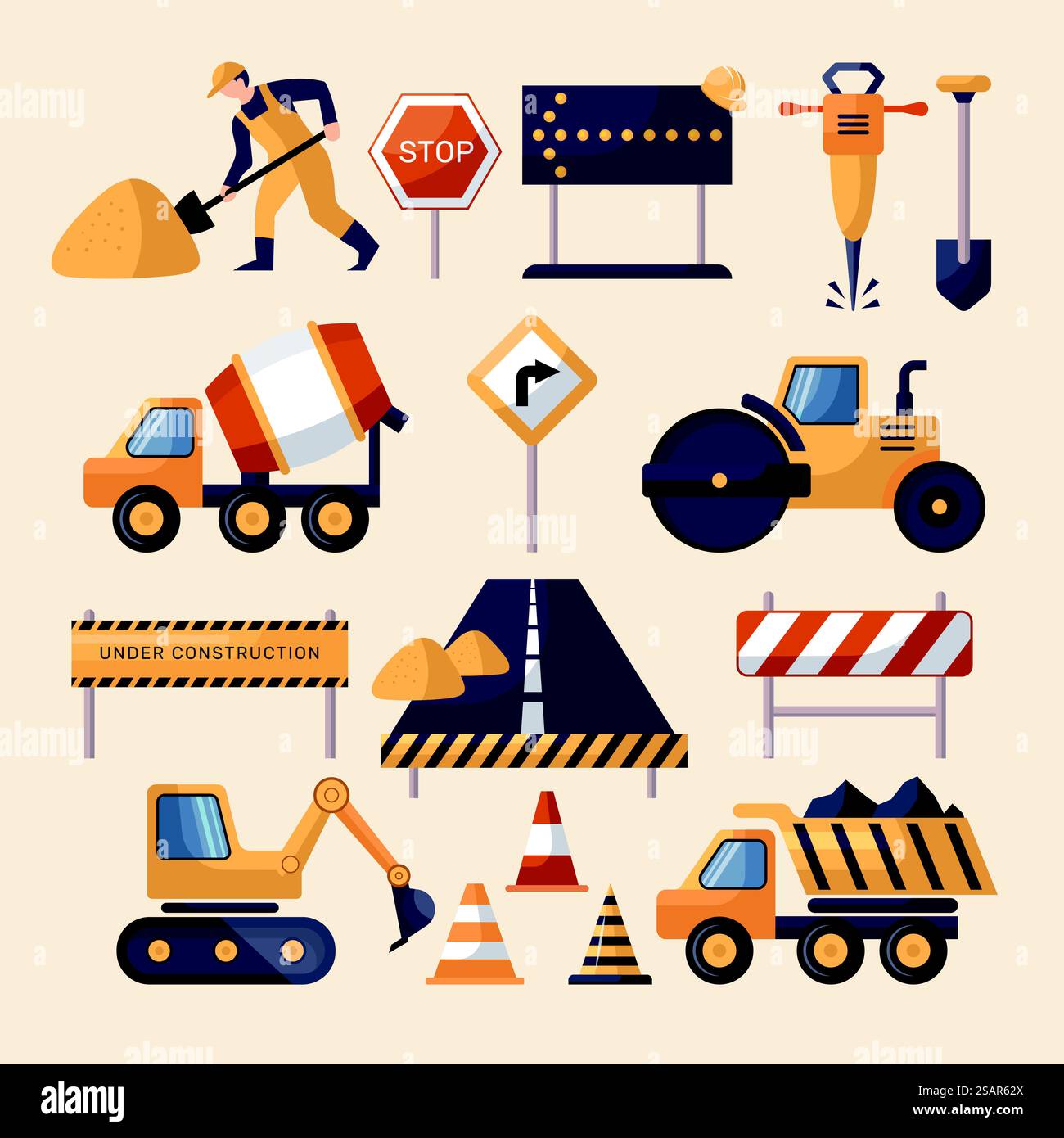 Road repair. Construction elements street urban development danger ...