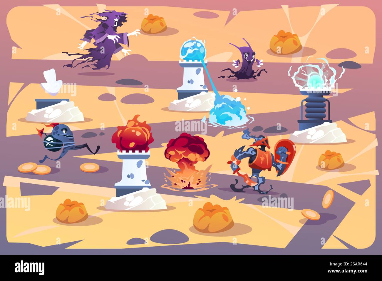 Monster game. Cartoon towers defense castle from attacking beasts ...