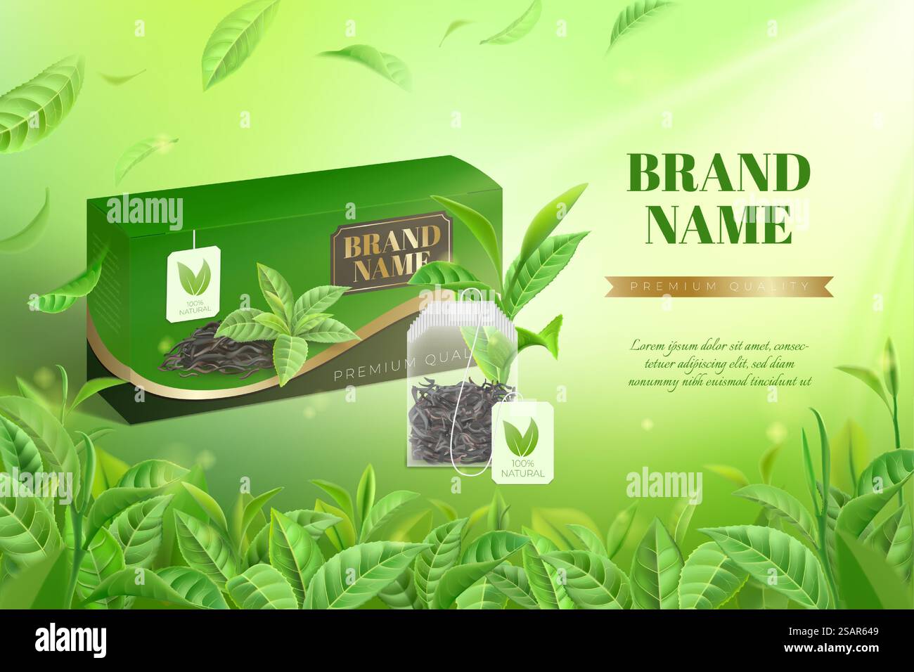 Tea advertisement. Realistic paper box with green or black premium ...