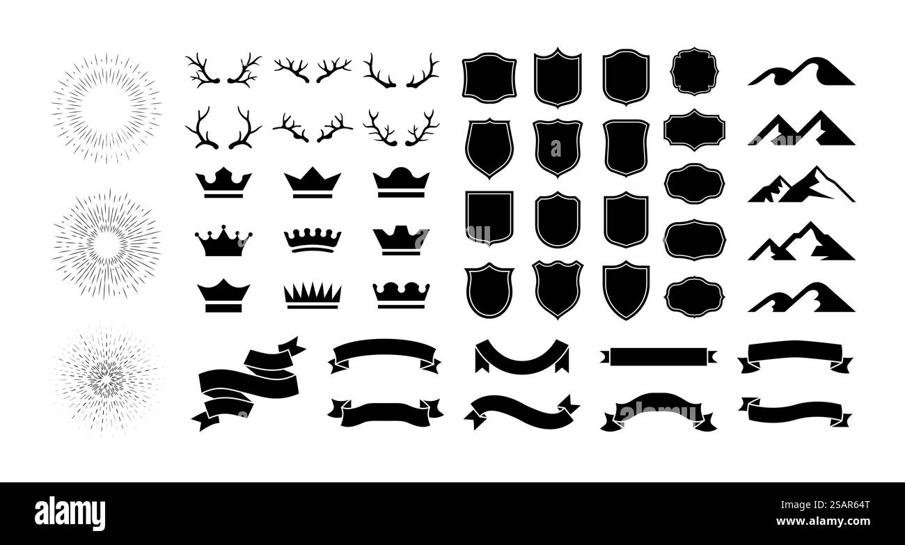 Black icons. Crowns and shields silhouettes. Blank curve ribbons or ...