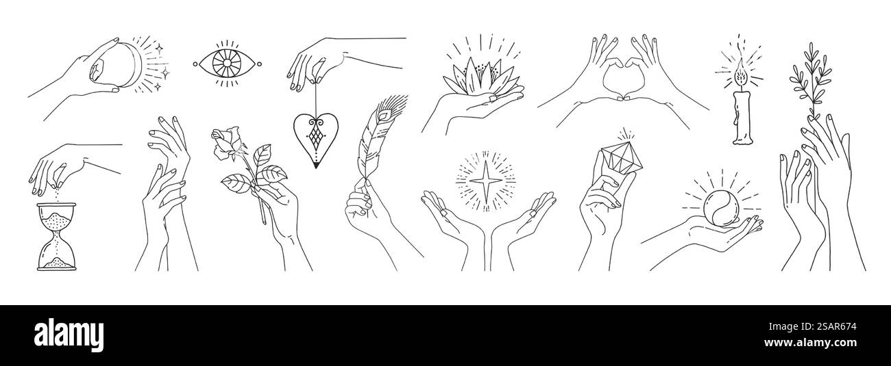 Abstract woman hands. Magic meditation female arm symbols with plants ...