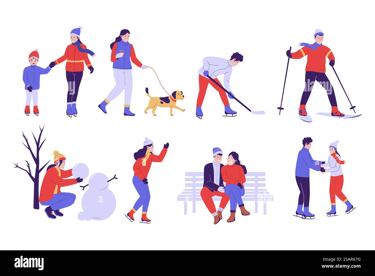 Set of different people activities in winter. Winter people collection ...