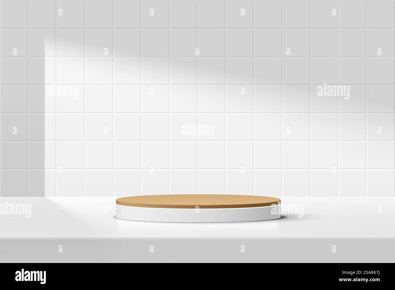 Abstract 3D white, brown cylinder pedestal podium on the table with ...