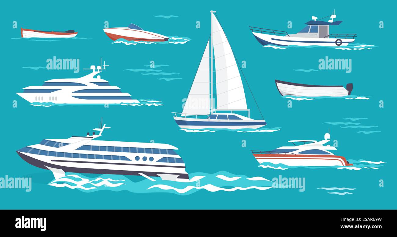 Sea ships. Cartoon passenger transport. Floating sailboat and trawler ...