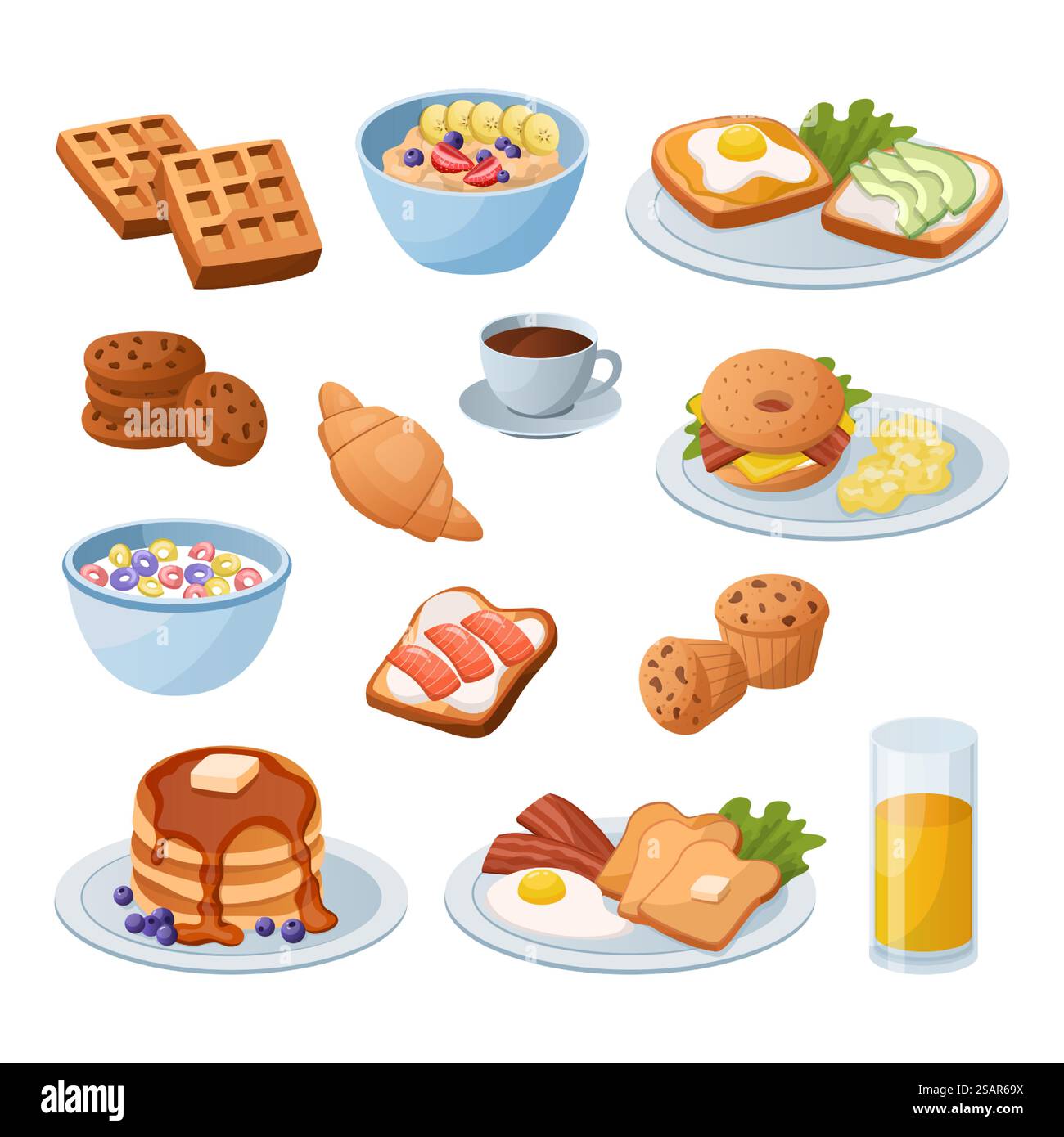 Cartoon breakfast. Morning drink and food. Cup of coffee or glass full ...