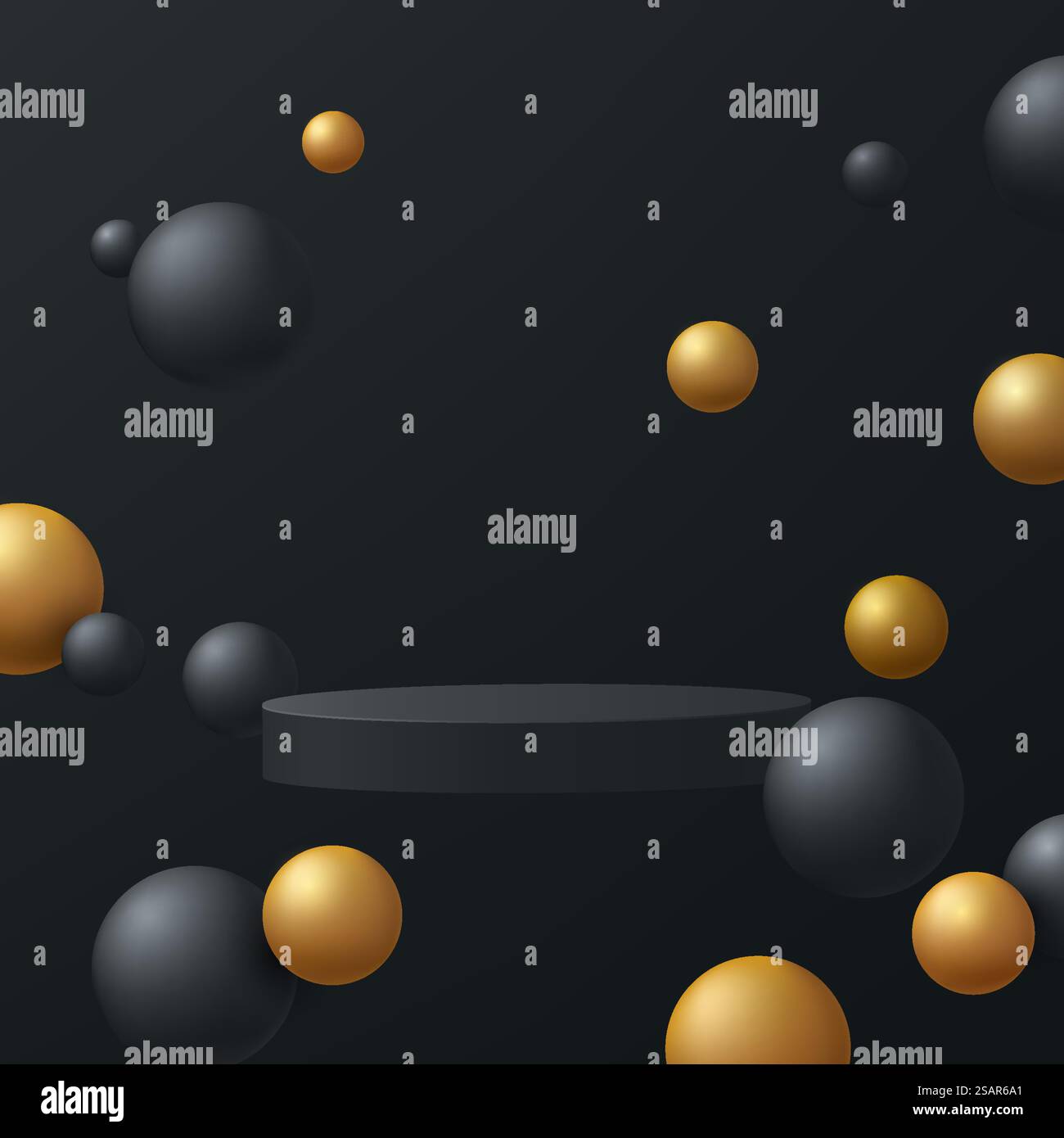 Abstract 3D black cylinder pedestal podium floating on the air with black and golden sphere ball ...
