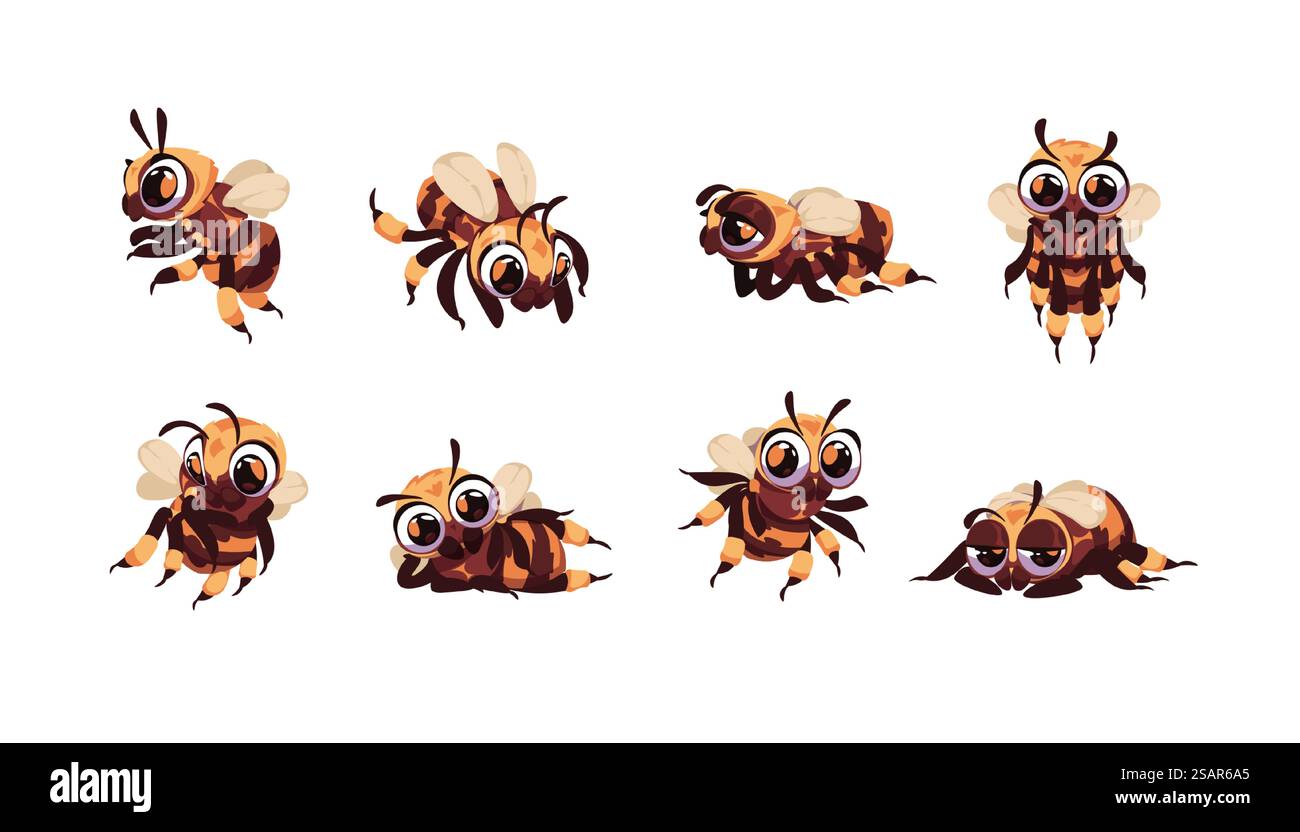 Cartoon bee. Bumblebee smiley mascot character standing and lying ...