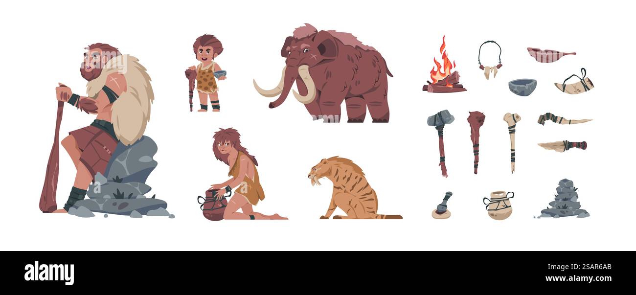 Primitive men. Cartoon prehistoric human family with ancient stone and ...
