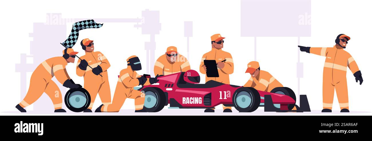 Racing crew. Cartoon pit stop team in yellow uniform working on race ...