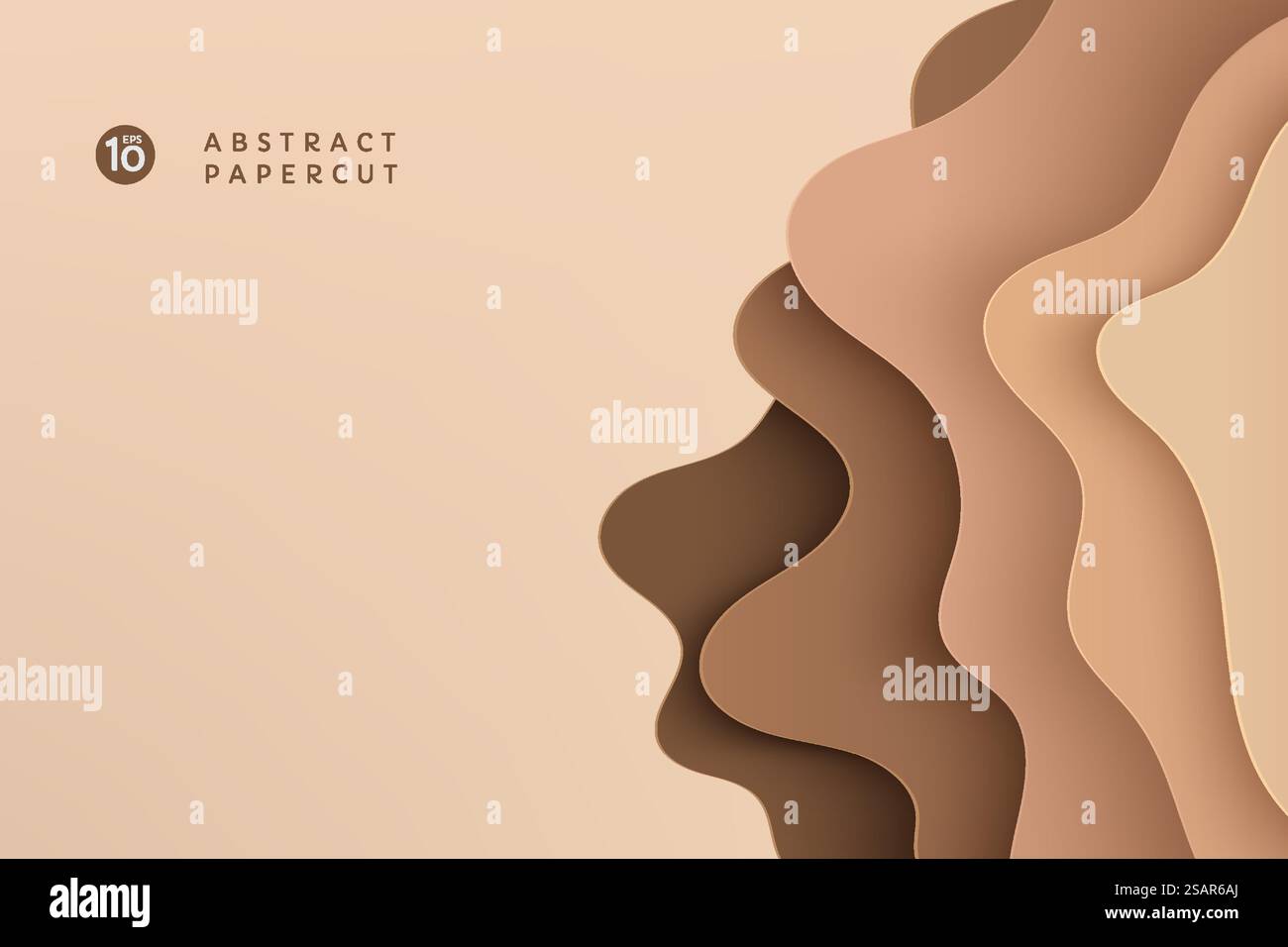 Abstract brown and beige paper cut wavy shapes layers background with copy space. Modern topo ...