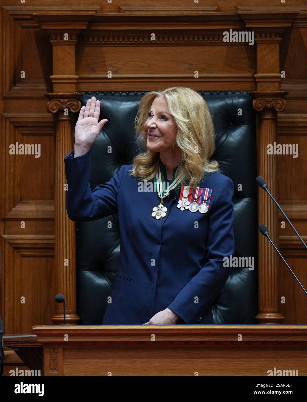 Victoria, Canada. 30th Jan, 2025. B.C. Lt-Gov. Wendy Cocchia waves to ...