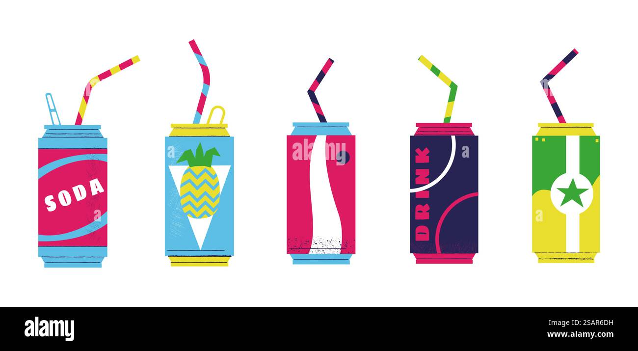 Soda cans. Cartoon fizzy sweet summer drinks in metal bottles with ...