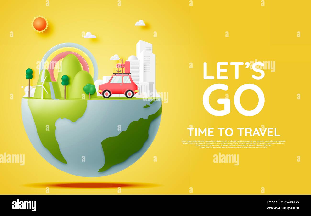 Roadtrip with car around the world and pastel color scheme background ...