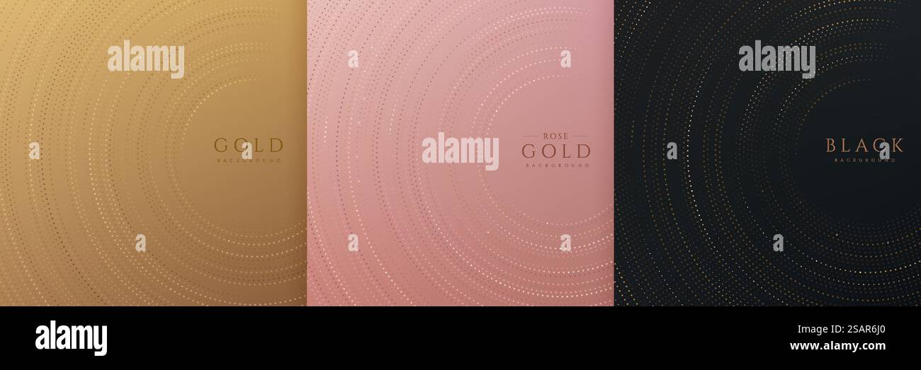 Set of radial circular glowing glitter overlapping on black, gold and ...