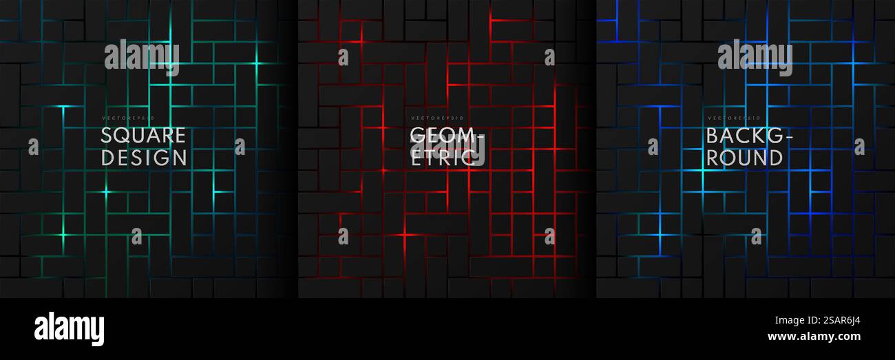 Set of black square pattern on illuminate red, blue and green neon abstract background in ...