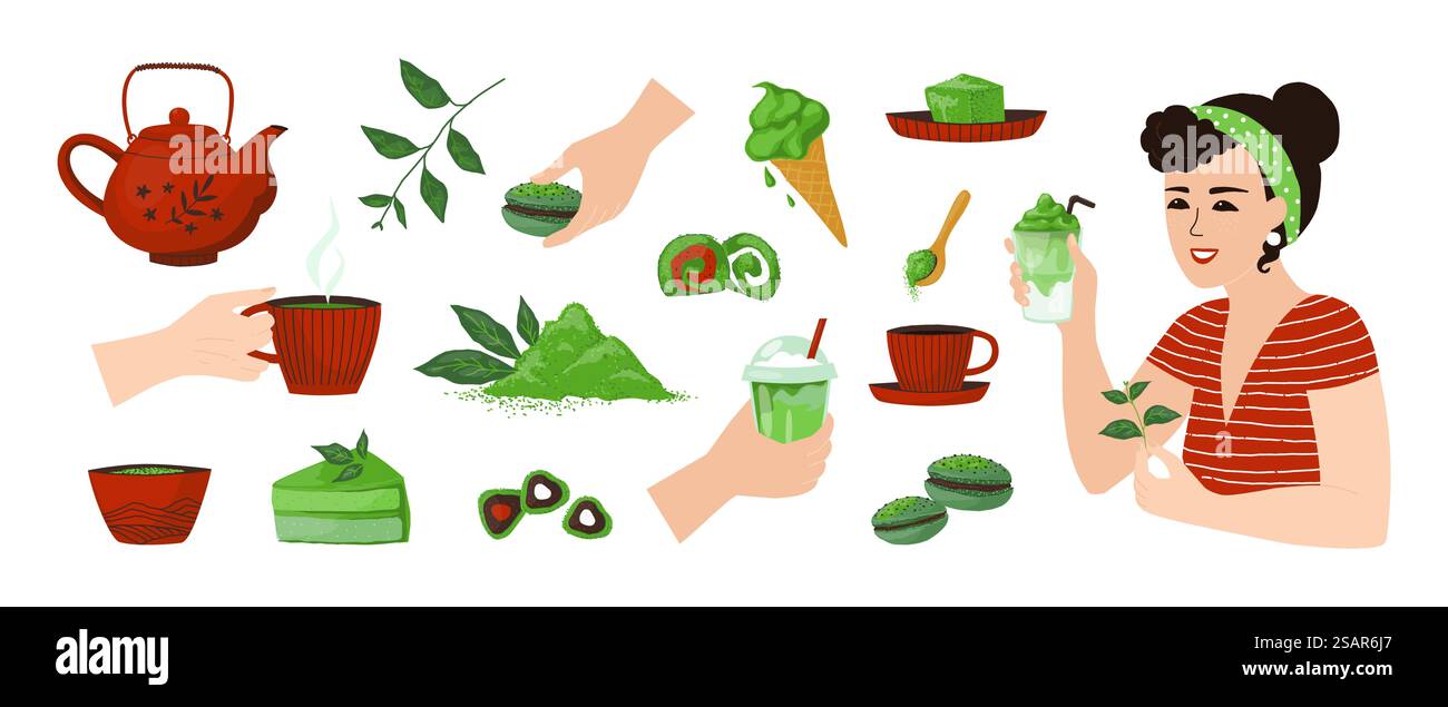 Matcha food. Cartoon girl with trendy Japanese tea drink and green ...