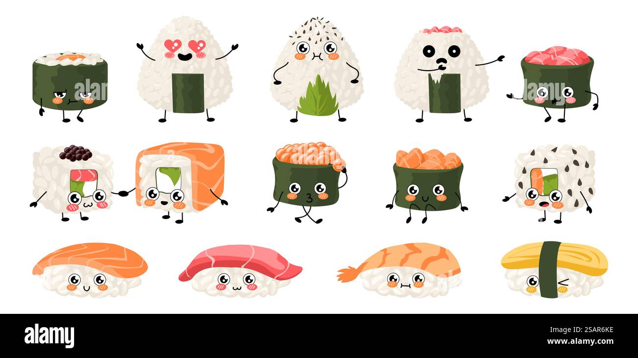 Kawaii sushi. Japanese rice food with cute manga style funny faces ...