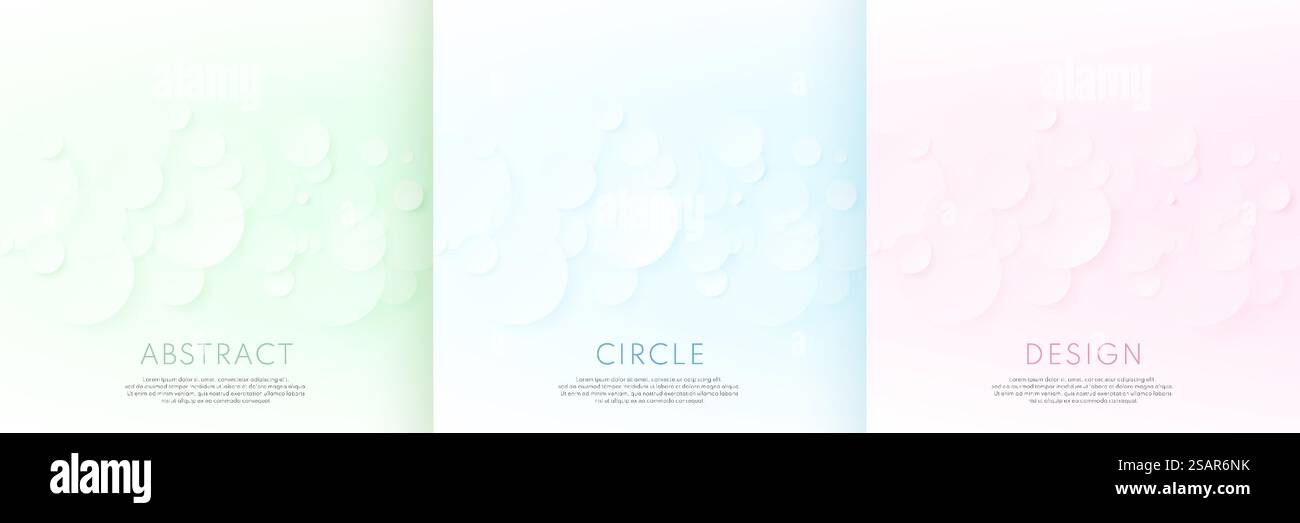Set of abstract circles green, blue and pink color overlapping layered on white background ...