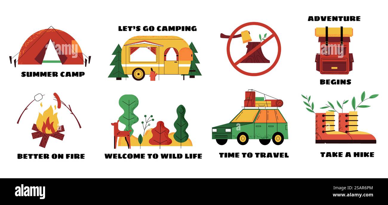 Camp adventure. Outdoor doodle emblems and logos with caravan and ...