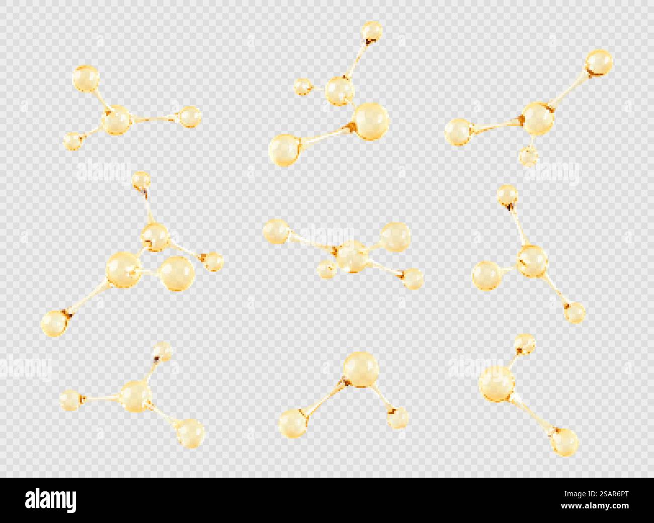 Set of gold oil molecule or atom. 3D abstract molecular structures isolated on transparent ...