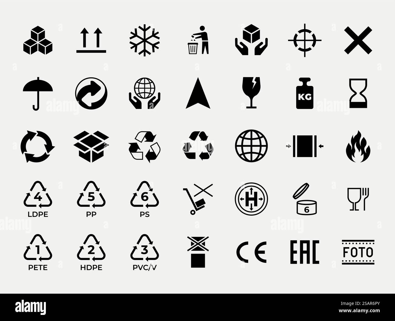Package box icon. Recycle and transportation caution symbols. Delivery and logistics care signs ...