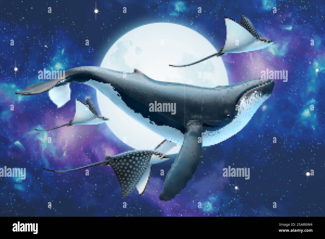 Surreal scene of humpback whale with stingrays flying through the ...