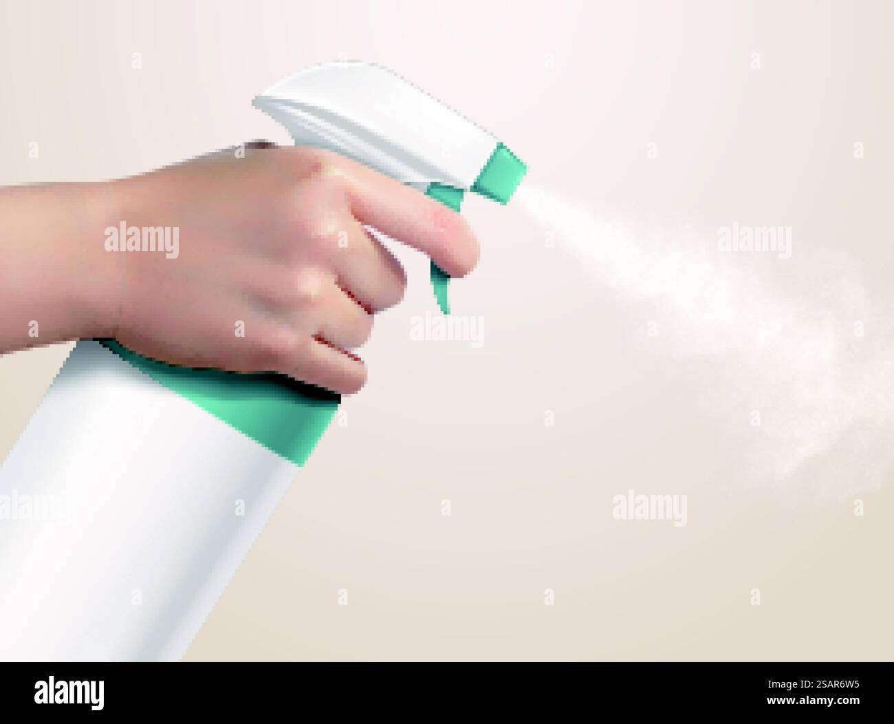 Realistic hand holding blue trigger spray bottle, isolated on light ...