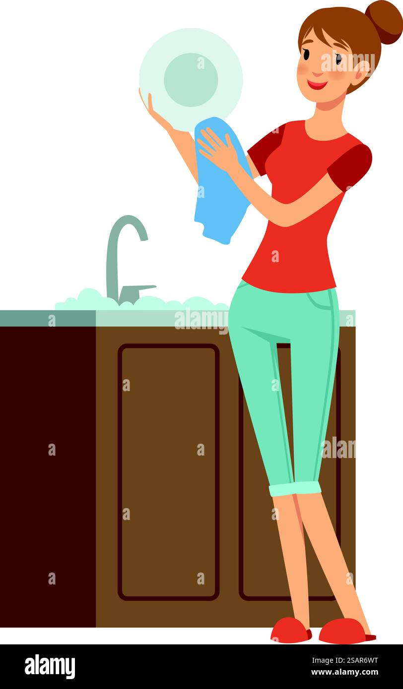 Woman washing dishes. House cleaning. Housekeeping character isolated ...