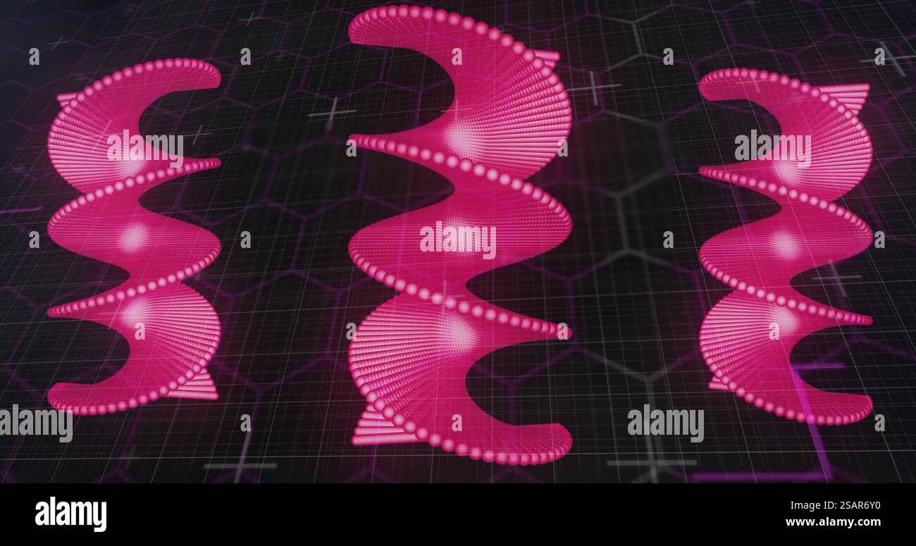 Image of pink spiral shapes and hexagons on black background. Social ...