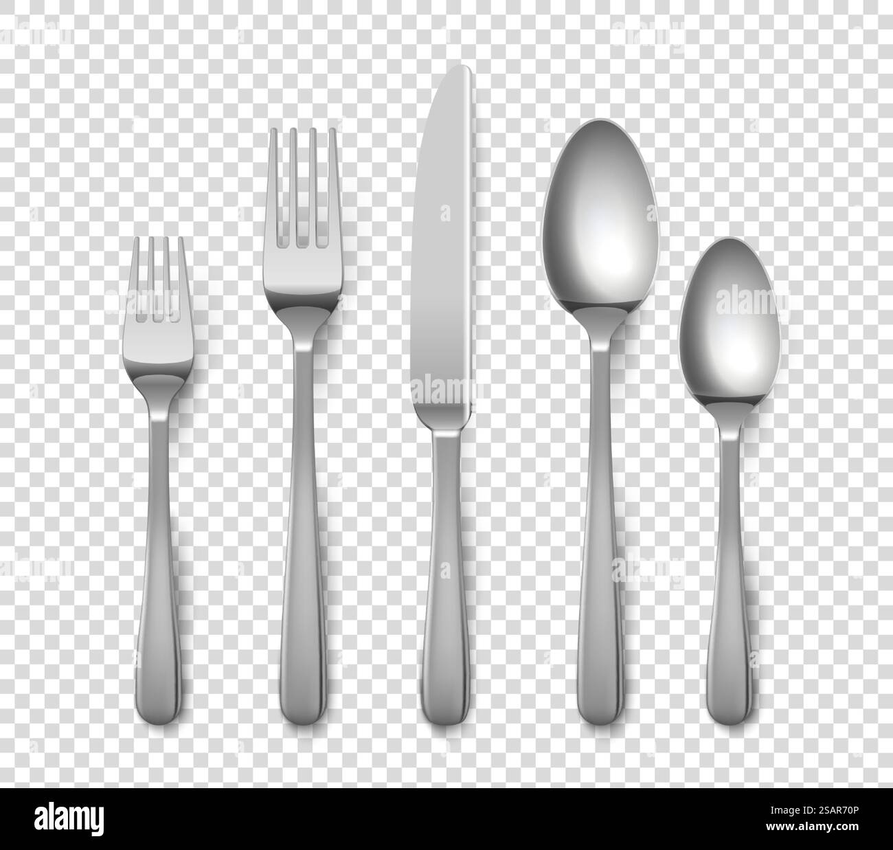 Realistic cutlery. 3D metallic forks and knives or spoons. Isolated metal glossy objects for ...